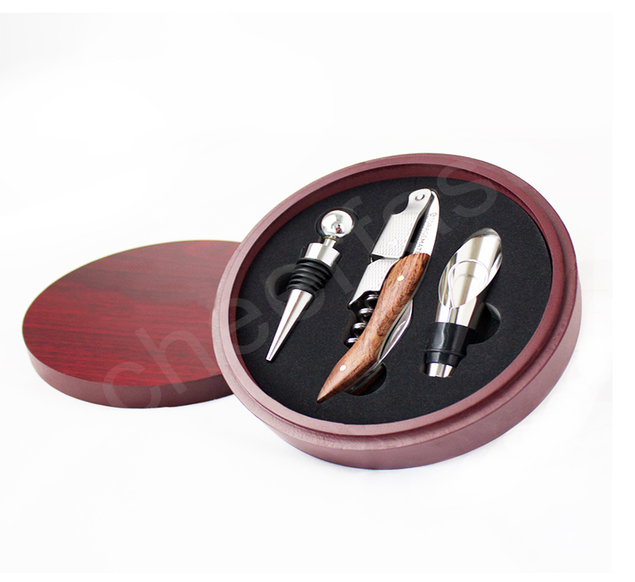Round Cherry MDF Wooden Wine Tools Set of 3-Wine Accessories Gift Set ...